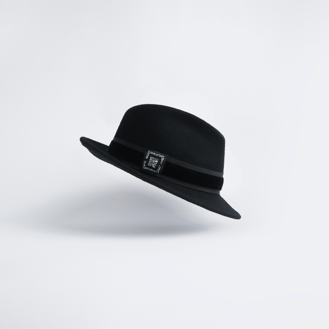 Golborne Trilby - Black Cosmic Crest – Jess Collett Milliner